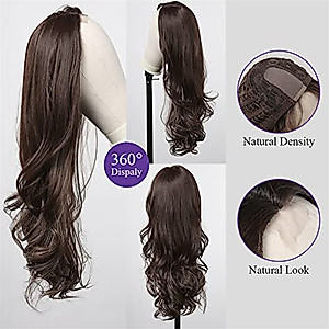 Allbell Honey Brown Long Wavy Wigs for Women 24 Inch Brown Highlights Middle Parting Curly Wig Natural Looking Heat Resistant Synthetic Hair Replacement