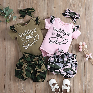 AMAWMW Daddys Little Girl Baby Clothes Ruffle Short Sleeve Romper Camo Bloomers Headband Newborn Infant Baby Girl Summer Outfit (Green, 0-6 Months)