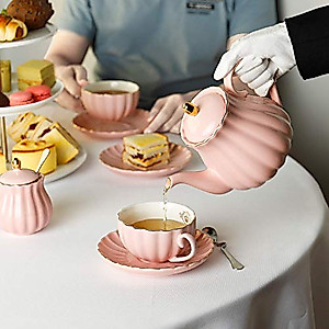 Amazingware Porcelain Tea Set - Tea Cup and Saucer Set Service for 6, with 28 oz Teapot Sugar Bowl Cream Pitcher Teaspoons and Tea Strainer - for Thanksgiving - Pumpkin Fluted Shape, Pink