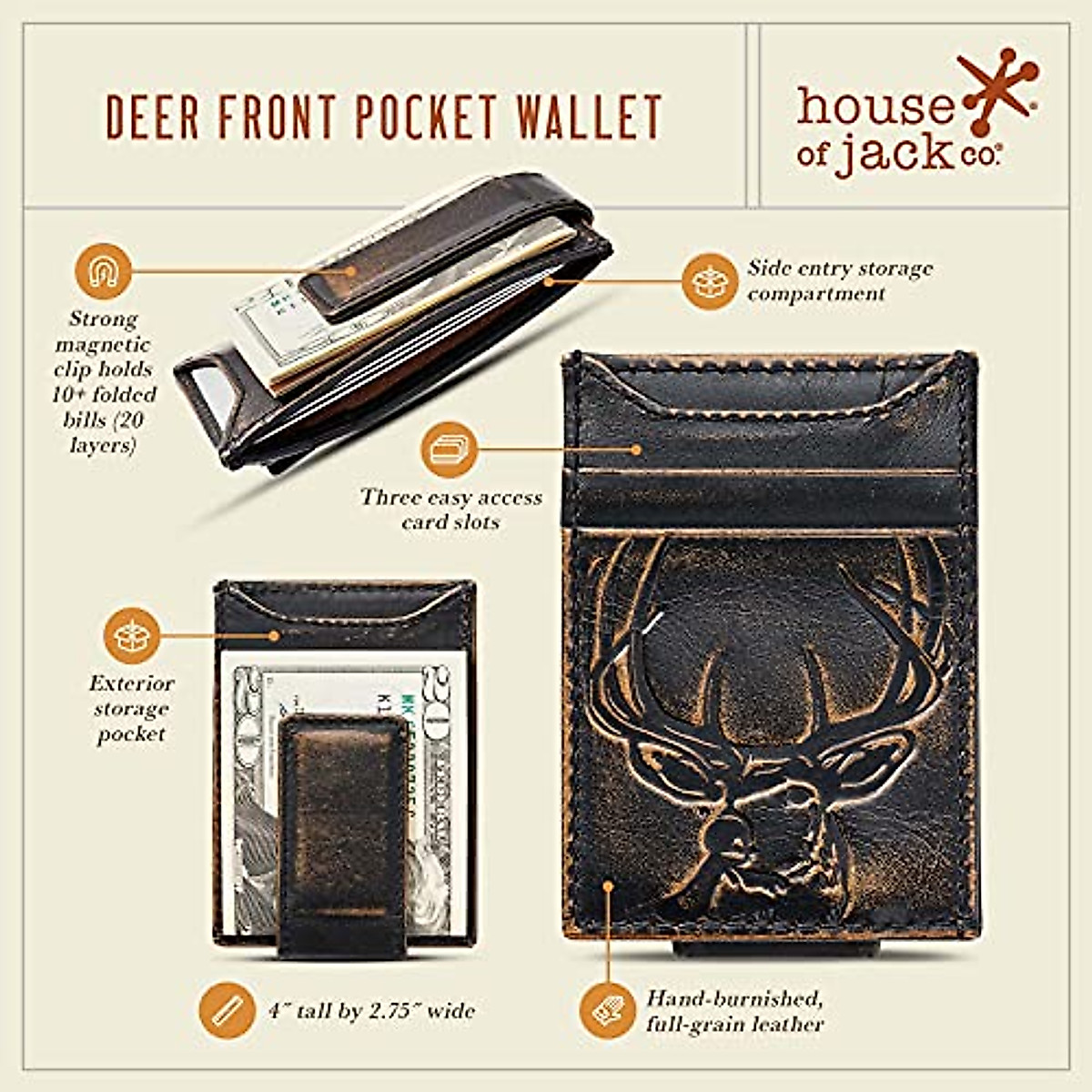 House of Jack Co. Deer Money Clip Wallet | Slim Card Holder | Super Strong Magnet Men's Wallet | Front Pocket Wallet (Deer)