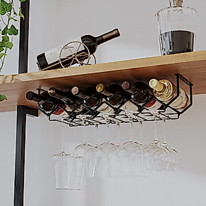 Wallniture Piccola Under Cabinet Wine Rack & Glasses Holder, Kitchen Organization with 6 Bottle Organizer Metal Black