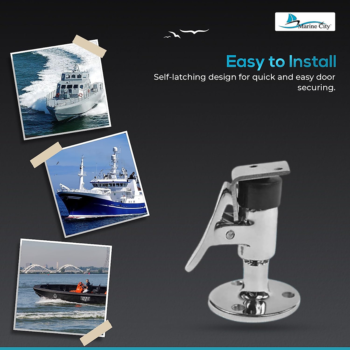 MARINE CITY 316 Grade Stainless Steel Door Stopper Catch Set Gloss Finish Strong Modern Stopper Soft Stop and Catch Anti-Collision Holder for Marine Doors – Boats – Yachts – Ships (1 Pcs)