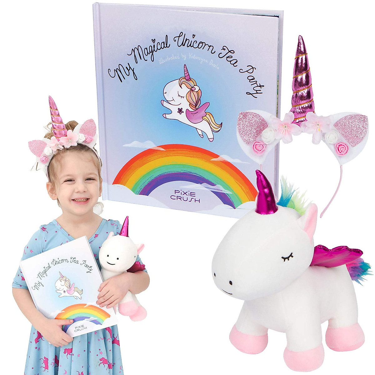 PixieCrush Unicorn Toys Stuffed Animal Gift Plush Set with Rainbow Case – 5 Piece Stuffed Animals with 2 Unicorns, Kitty, Puppy, and Narwhal – Toddler Gifts for Girls Aged 3, 4, 5,6,7, 8 yr olds