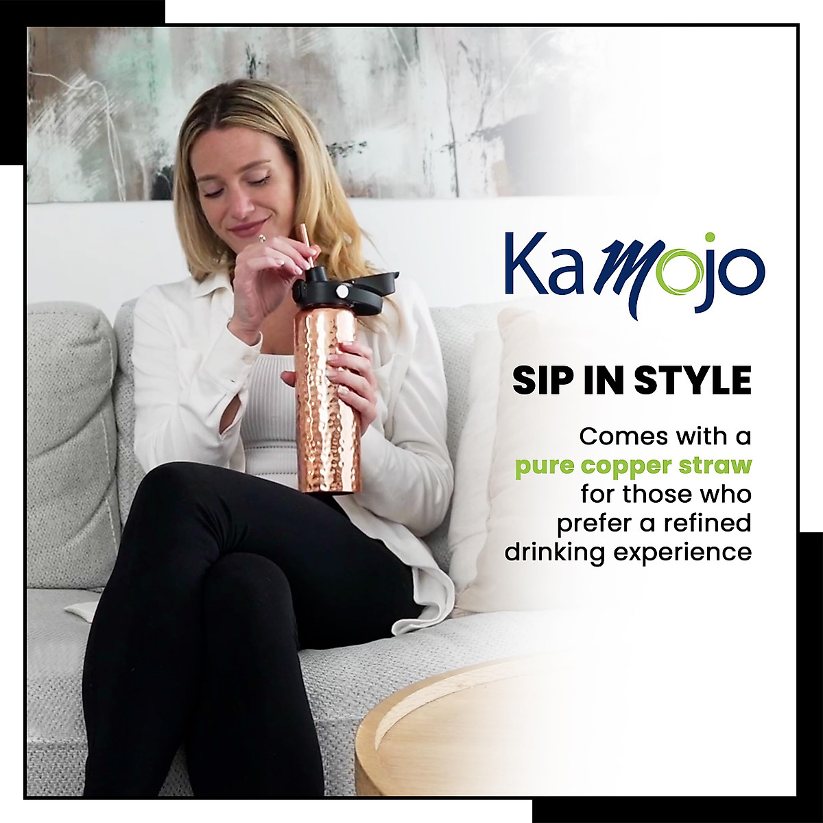 Copper Water Bottle for Drinking - Hammered Pure Copper Water Bottle with Push Button Lid, Removable Sleeve & Copper Straw - Handcrafted Water Bottle Copper Cup 32 fl oz