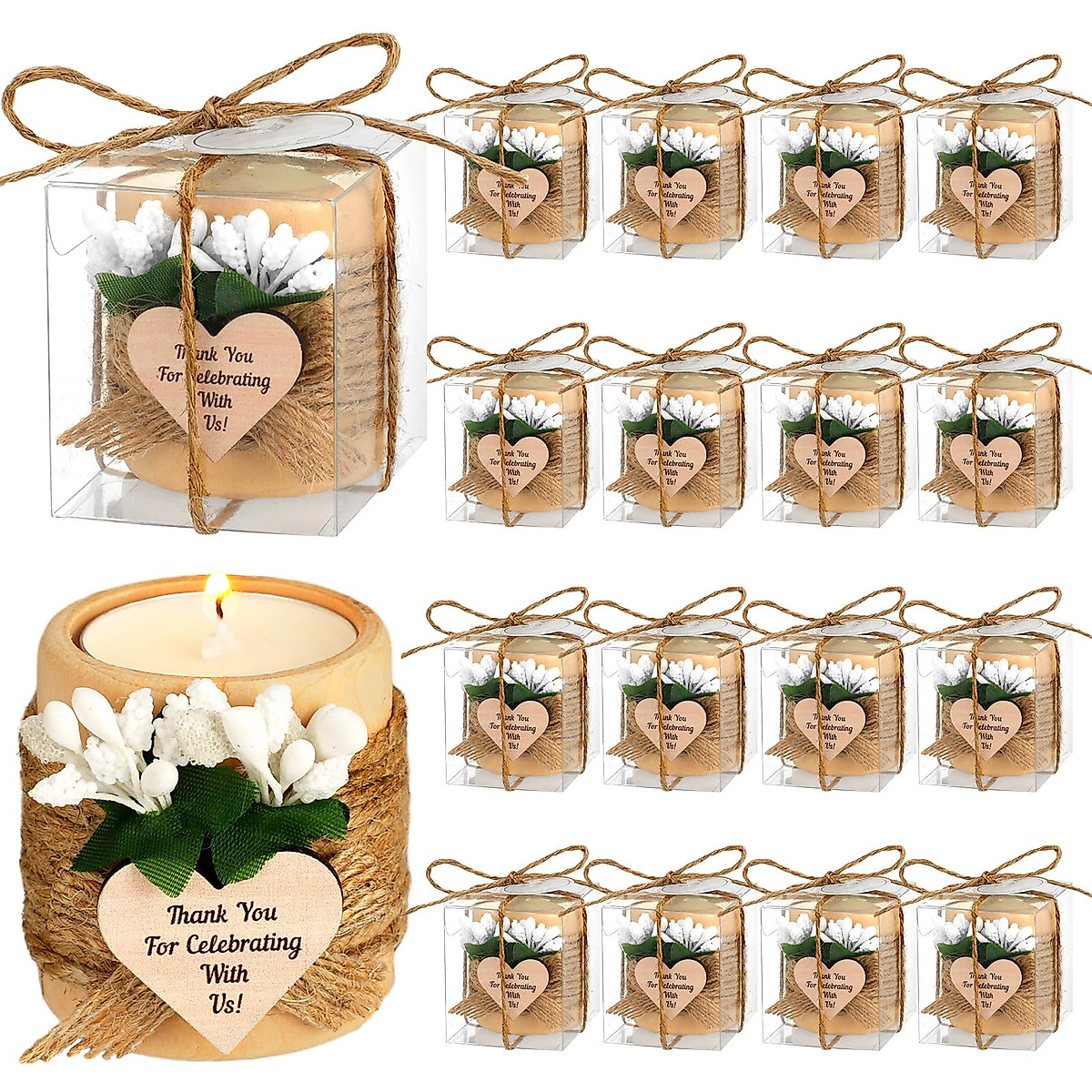 MTLEE 16 Pack Wooden Tealight Candle Holders Kit Wedding Bridal Shower Candles Thank You Guest Gifts Cylinder Handmade Candle with Card Box Rope for Baby Shower First Communion Party Gift(Classic)