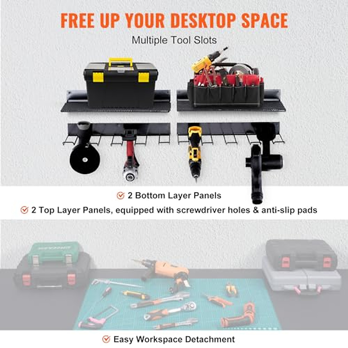 VEVOR Power Tool Organizer, 4 Slot, 2 Layers, 2 Pack Cordless Drill Holder Wall Mount, Battery Charging Station Storage Rack, Multi-Function Garage Organization, Heavy Duty Metal Shelf for Screwdriver