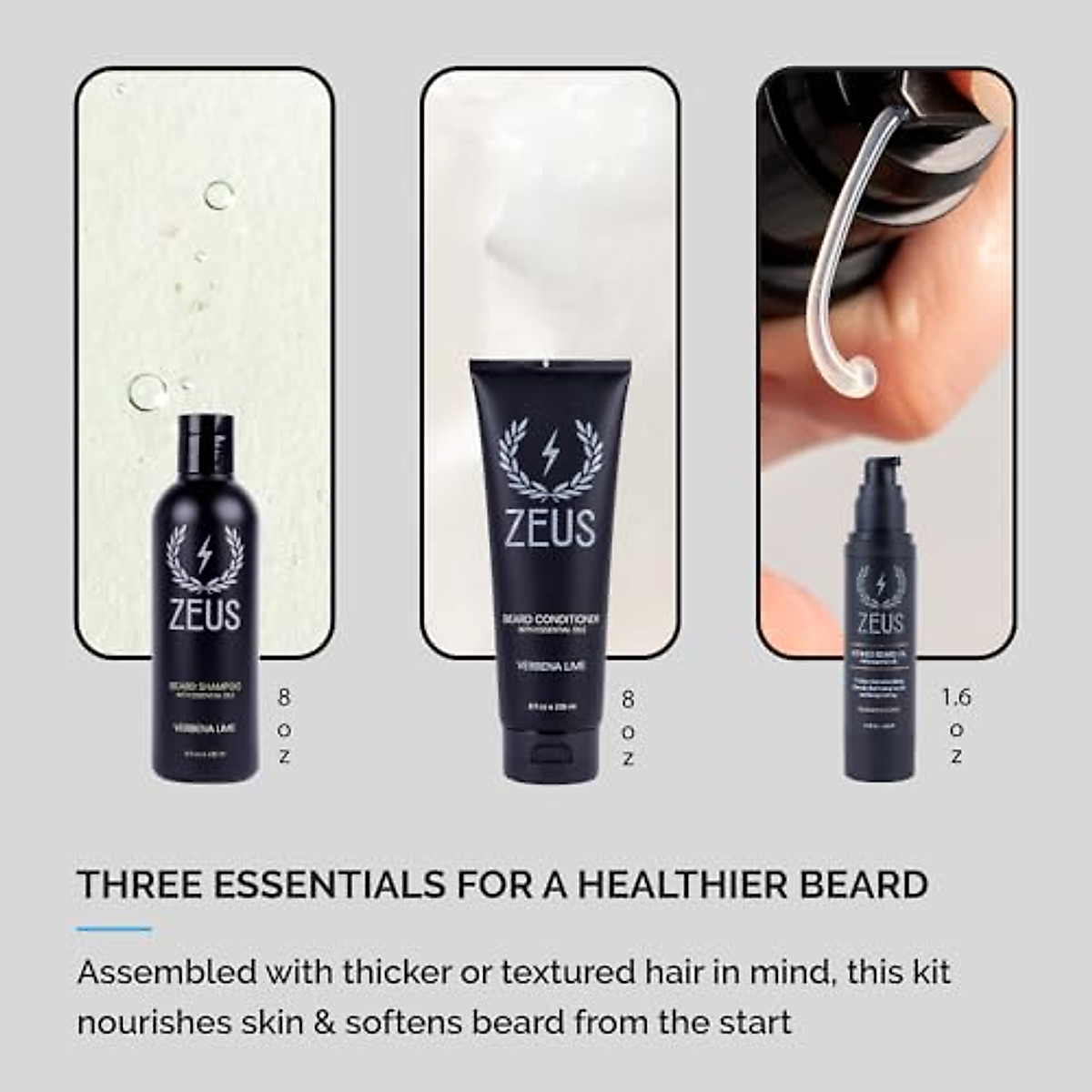 ZEUS Beard Starter Kit for Thick Beards, Natural Beard Shampoo, Beard Conditioner & Premium Refined Beard Oil (Made in USA) Vanilla Rum