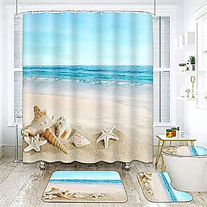 Britimes 4 Piece Shower Curtain Sets, with 12 Hooks, Coastal Sea Seashell Landscape with Non-Slip Rugs, Toilet Lid Cover and Bath Mat, Durable and Waterproof, for Bathroom Decor Set, 72" x 72"