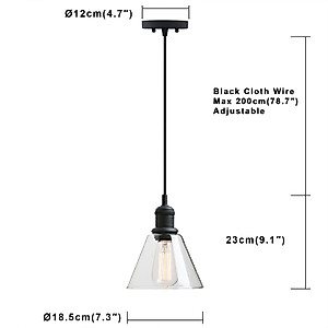 Yosoan 1-Light Vintage Edison Hanging Pendant Light, Mini Semi Flush Mount Light Fixture Funnel Flared Clear Glass Shade for Kitchen Bathroom Porch Living Room Dinning Room Hotels Bar Island (Black)