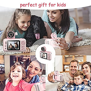 Kids Camera, Kids Digital Camera with Flip Lens, HD Digital Video Cameras for Toddler,Christmas Birthday Gifts and Portable Toy for 3 4 5 6 7 8 9Year Old with 32GB SD Card-Pink