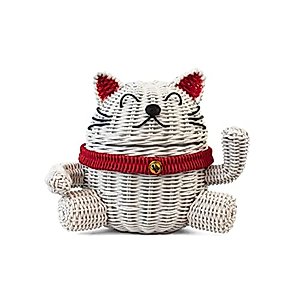 G6 COLLECTION Cat Rattan Storage Basket With Lid Decorative Bin Home Decor Hand Woven Shelf Organizer Cute Handmade Handcrafted Nursery Gift Animal Art Decoration Artwork Wicker Kitten