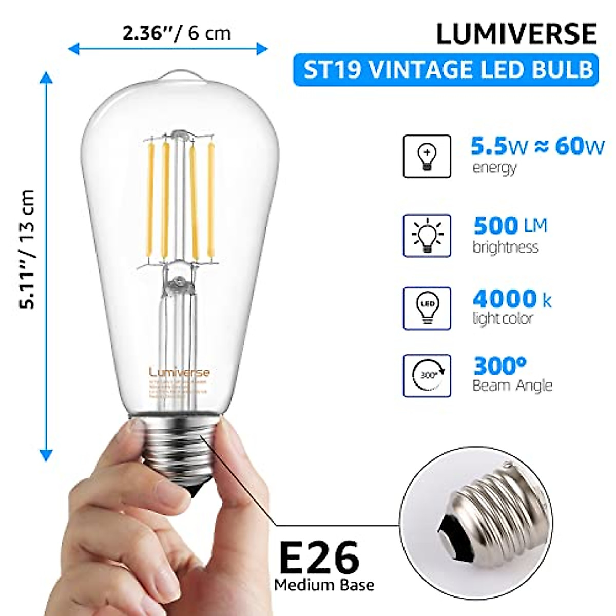 Lumiverse E26 led Bulb 60 watt dimmable Vintage LED Edison Bulbs 5.5W, 60W Equivalent,4000K Cool White, Antique Style ST19/ST58 LED Light Filament Bulbs, CRI 90+, E26 Base, 6 Packs