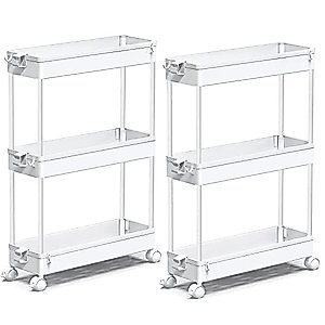 SPACEKEEPER Slim Storage Cart, 3 Tier Bathroom Storage Organizer Rolling Utility Cart Mobile Shelving Unit Slide Out Storage Tower Rack for Kitchen Laundry Narrow Places, White, 2 Pack