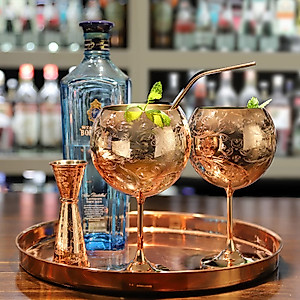 Stainless Steel Etched Red Wine Glasses Set Of 2,24oz( 680 ml) Copper Plated Balloon Wine Goblets Set, Gin and Tonic Glasses Set With 1oz/2oz Jigger, Mixing Spoon And Straws,Gifts for Wedding