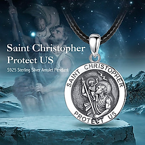 EUDORA Sterling Silver St Christopher Necklace for Man Women, Round Saint Christopher Protect Us Good Luck Spiritual Pendant, 24 inches Black Rope