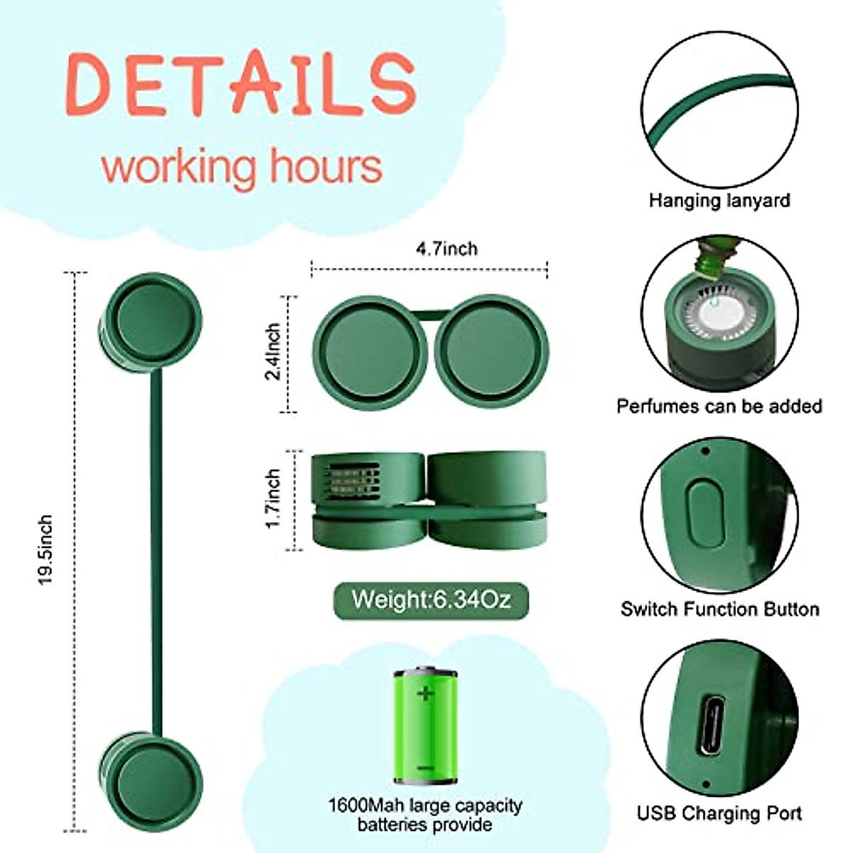 Portable Neck Fan Bladeless Neck Fan Usb Fan Around Neck Perfume Fan Rechargeable Hand Free Mini Usb Fan Personal Travel Fan Green