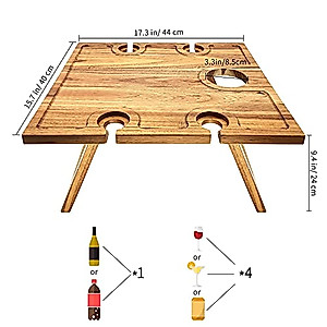 SASIDO Portable Wine Picnic Table Foldable, Gift for Wine Lover, Acacia Wood, Bed Tray for Eating, Decor for Romantic Dinners, Beach, Camping, Concerts at Park