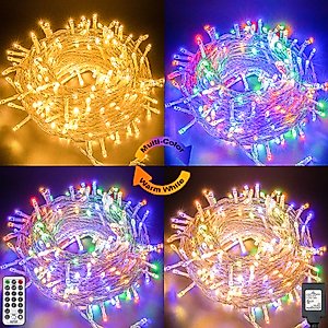 Decute Colors Changing Christmas Tree Lights 4 Colors in 1 String Lights, 11 Modes 300Leds 108FT Extendable Waterproof Indoor Outdoor Fairy Lights Warm White & Multicolor with Timer Remote
