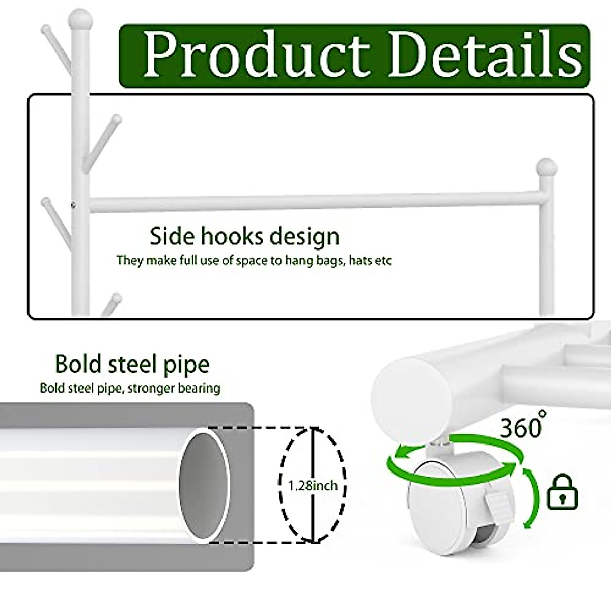 EKNITEY Clothes Garment Rack Portable - Rolling Clothing Organizer Rack on Wheels with Bottom Shelves (White)