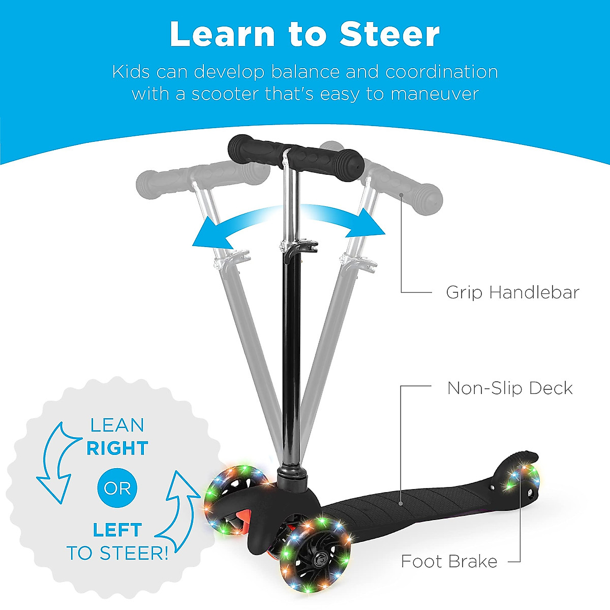 Best Choice Products Kids Mini Kick Scooter Toy w/ Light-Up Wheels, Height Adjustable T-Bar, Foot Break - Black