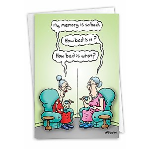NobleWorks - 1 Funny Birthday Card for Women, Wife - Happy Bday Cartoon, Woman Notecard with Envelope - Bad Memory C3680BDG