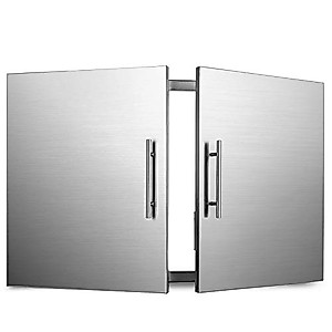 Mophorn Outdoor Kitchen Access 30"x 23" Wall Construction Stainless Steel Flush Mount for BBQ Island, 30W x 23H, Double Door with Built-in Basket