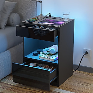 HOMMPA Open Shelf LED Nightstand with Charging Station 2 Drawers Bedside Table Black Night Stand with Storage Smart Nightstands High Gloss Night Table with Led Light for Bedroom Furniture