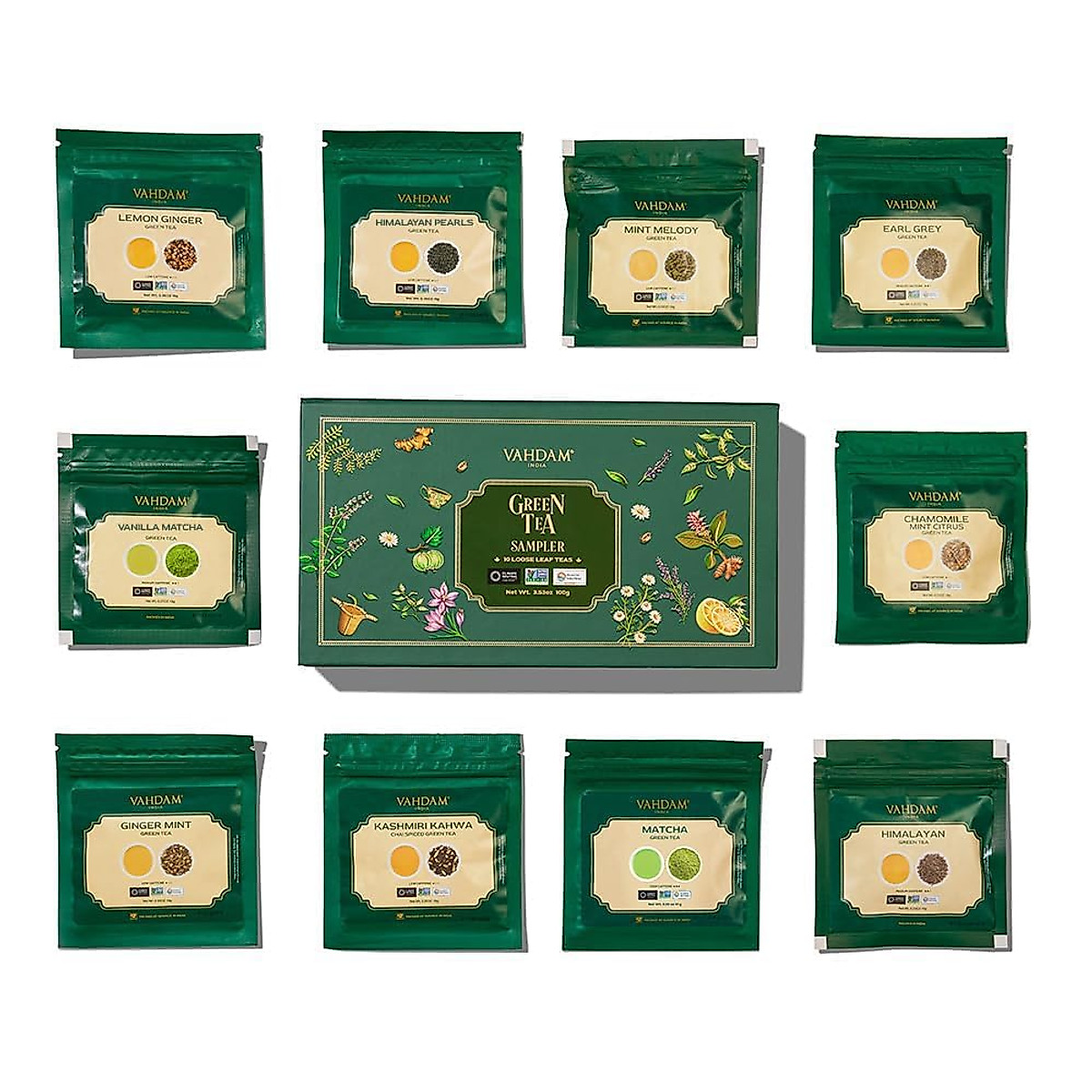 VAHDAM, Assorted Green Tea Sampler Gift Set (10 Teas, 50 Serving) Gluten Free, Non GMO | 10 Exotic Loose Leaf Tea Sampler | Green Tea Variety Pack, Gifts For Him/Her | Gifts for Women & Men