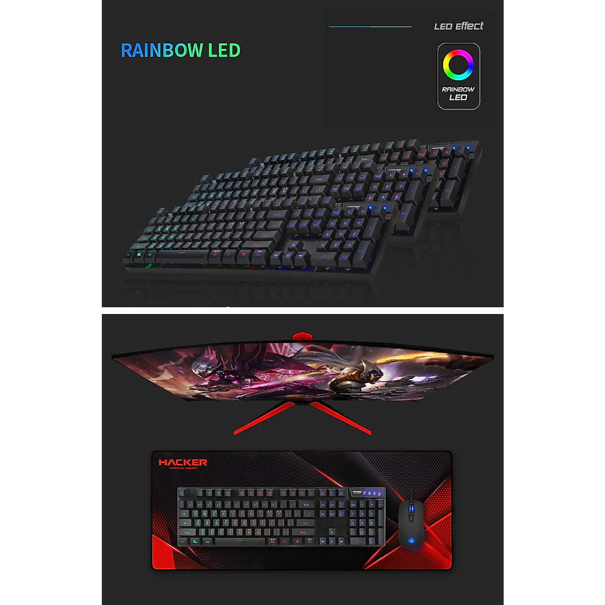 ABKO KM350 Desktop Keyboard & Mouse Gaming Combo Rainbow LED, 19 Key Anti-Ghosting, Max 3200 DPI English/Korean Type