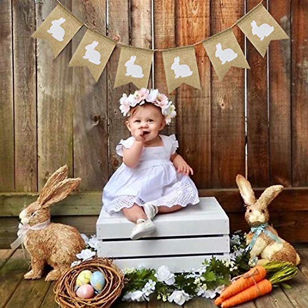 Uniwish Rabbit Banner Burlap Easter Decorations Garland Bunny Bunting Home Decor for Mantle Fireplace Rustic Spring Themed Baby Shower Birthday Party Supplies