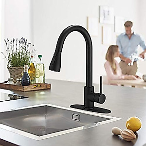 BESy Brass Single Handle Kitchen Faucet with Pull Down Sprayer,Rv High-Arc Kitchen Sink Faucet with Pull Out Sprayer,Single Lever 3 Function Laundry Room Faucet,Matte Black (1 or 3 Hole)