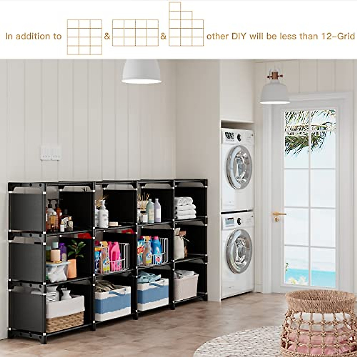 REIBII Bookshelf for Bedroom Book Shelf Organizer Bookcase Tall Book Case 18 Cube Storage Organizer Cube Shelf Black Cubby Storage Organizer Shelves for Bedroom Living Room Closet Office DIY