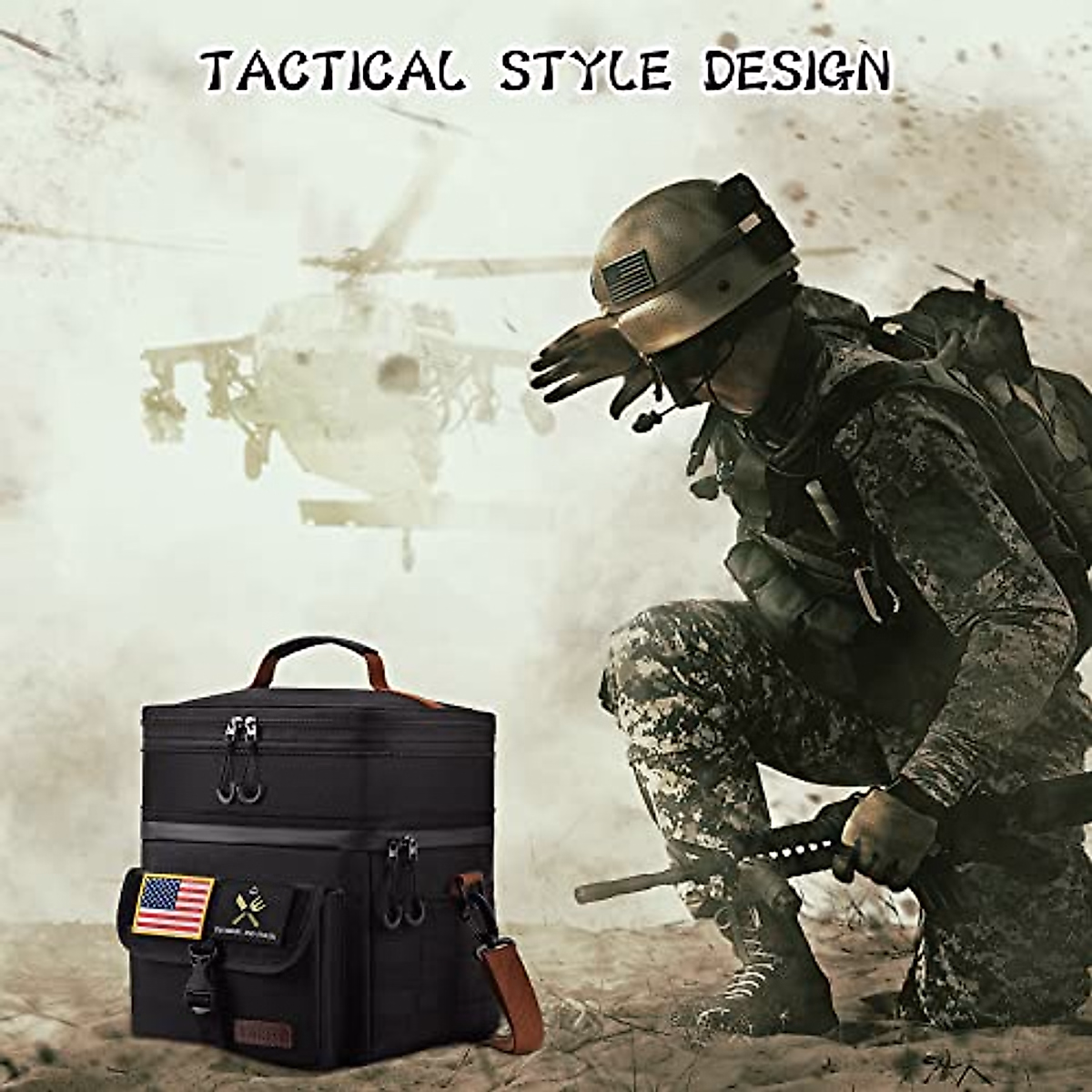 LOKASS Tactical Lunch Box for Men,16L, Double Deck Expandable Insulated Lunch box For Adults/Women Thermal Large Waterproof Leakproof Cooler Bag with Shoulder Strap,Black (Black)