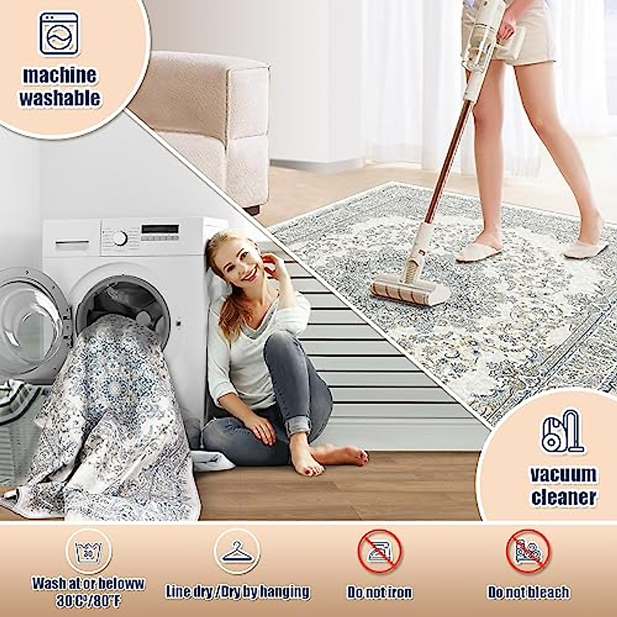 8x10 Area Rugs for Living Room: Large Machine Washable Area Rug with Non Slip Backing Neutral Farmhouse Rug Thin Floral Print Indoor Carpet for Under Dining Table Home Office Multi