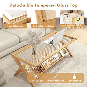 Giantex Boho Rattan Coffee Table, Bamboo Center Table W/Handwoven Rattan Rack & Tempered Glass Tabletop, Z-Shaped Design Accent Table for Living Room, Bedroom, 48" L x 19" W