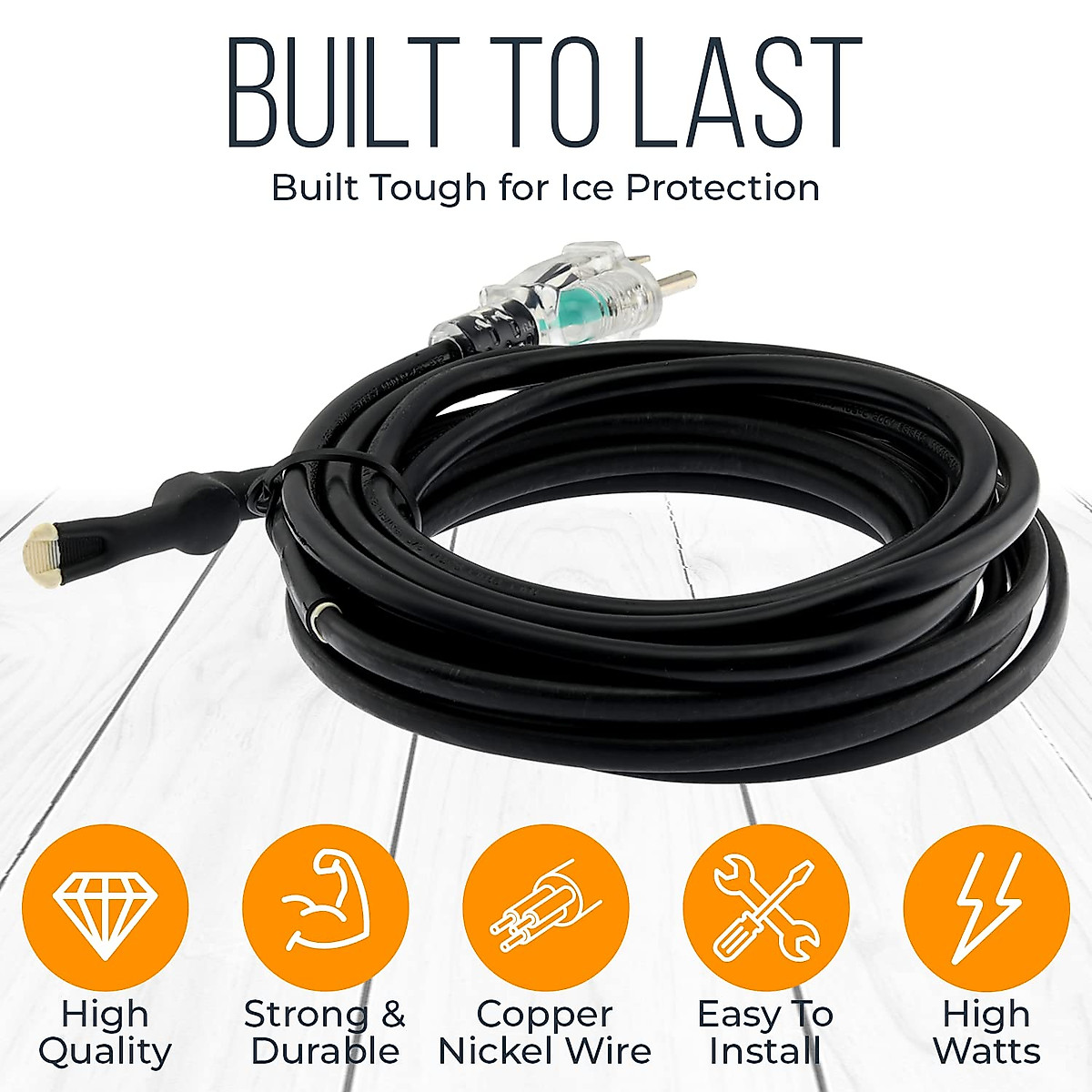 EconoHome Premium Heat Cable for Pipe Freeze Protection - Heating Tape with Built-in Thermostat - Constant Watt Anti-Freeze & UV-Proof Heated Cord - 120 VAC - Copper Nickel Wire Heater