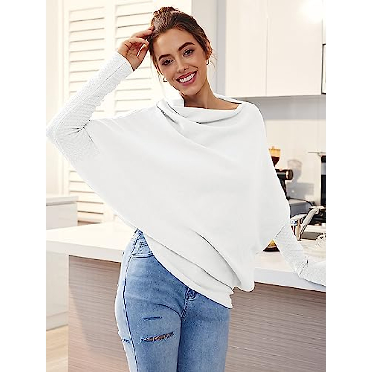 LILLUSORY Womens 2023 Fall Long Batwing Sleeve Off Shoulder Tunic Tops Oversized Crewneck Lightweight Slouchy Pullover Sweaters White