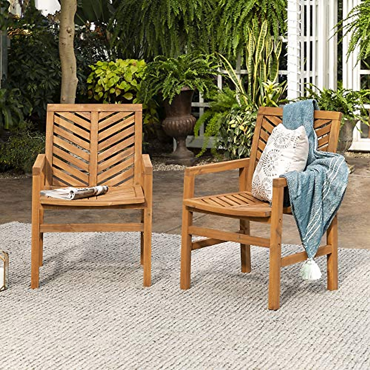 Walker Edison AZW7TXVINBR 6 Person Outdoor Wood Chevron Patio Furniture Dining Set Extendable Table Chairs All Weather Backyard Conversation Garden Poolside Balcony, 7 Piece, Brown