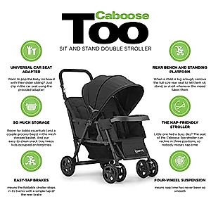 Joovy Caboose Too Sit and Stand Double Stroller Featuring Universal Car Seat Adapter, 3-Way Reclining Seats, Option to Use Rear Seat, Bench Seat, or Standing Platform (Black)