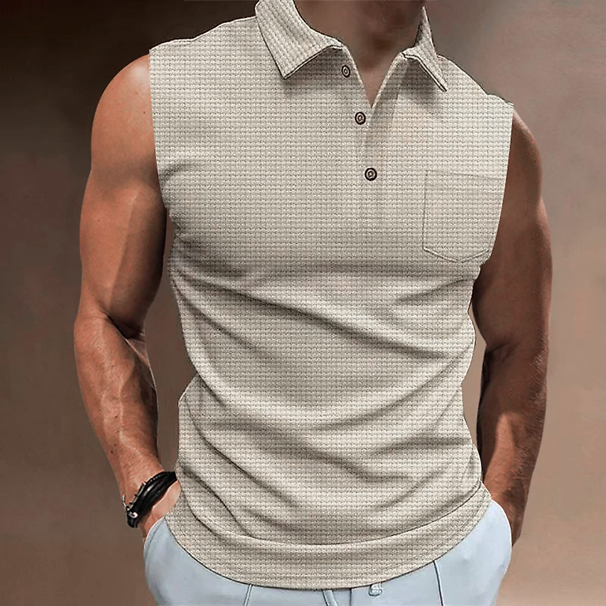 Black T Shirts for Men 2023 Fashion Button Down Waffle Muscle Fit Shirt Summer Casual Slim Fit Solid Tank Tops Button Down Shirt Men Khaki L