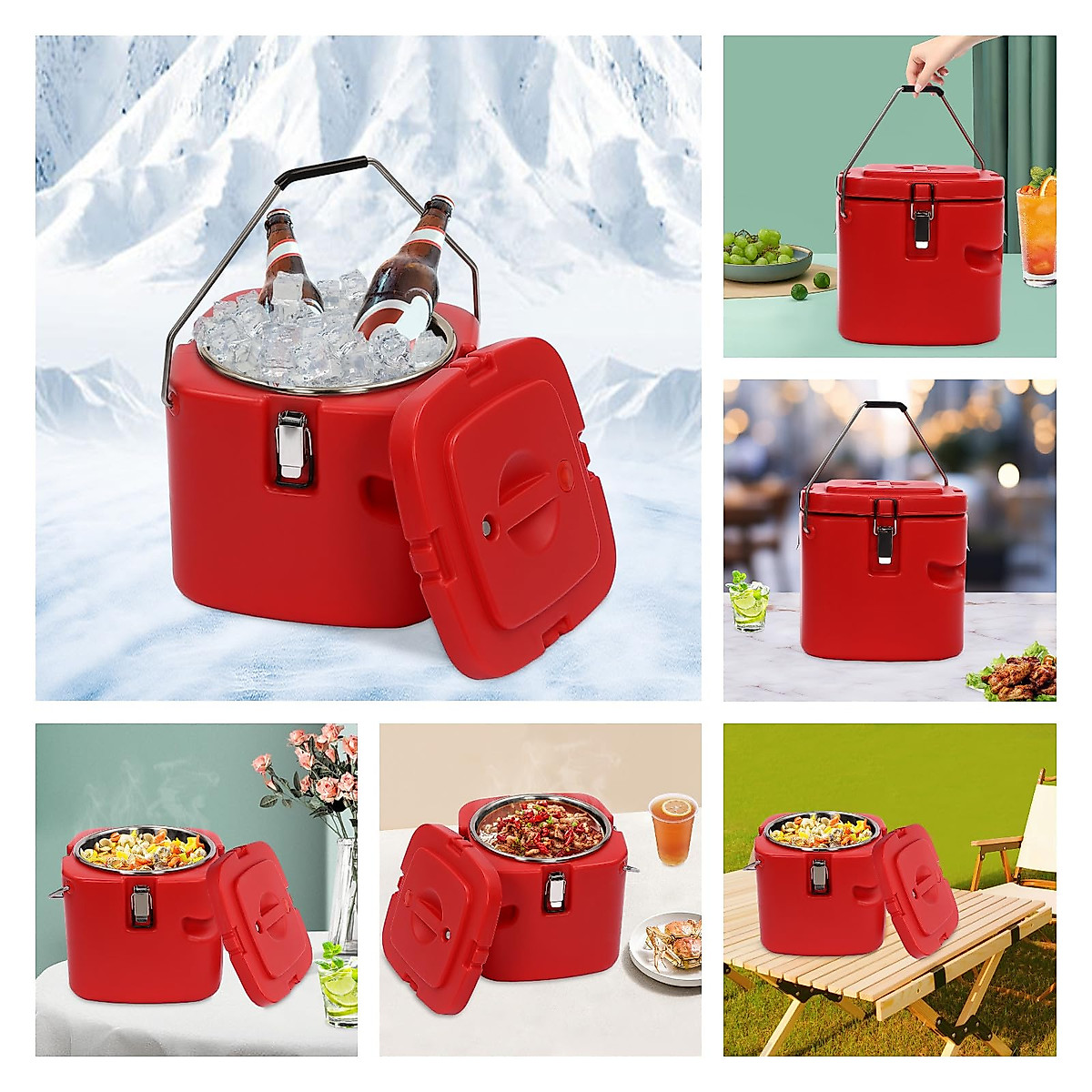 Insulated Soup Carrier,2.5Gal/9.5L/10Qt PE&Stainless Steel Tabletop Food Container,Commercial Leak-Proof Juice Storager,Outdoor Portable Cold/Hot Food Box w/Lid&Handle&Grooves,11.8*11.8*11.4in Red