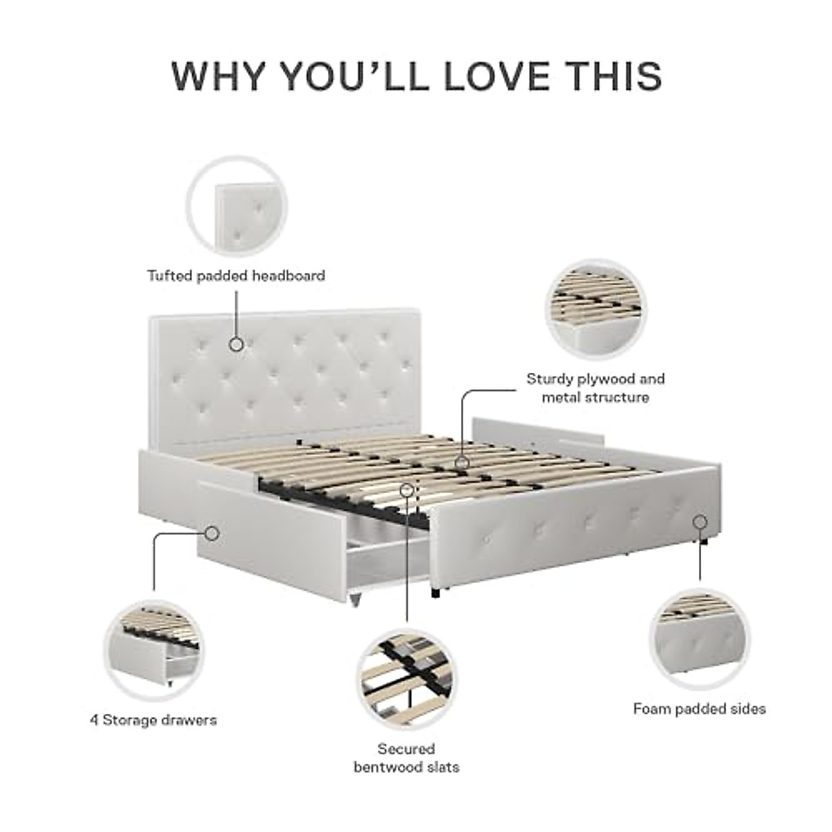 DHP Dakota Upholstered Platform Bed with Underbed Storage Drawers and Diamond Button Tufted Headboard and Footboard, No Box Spring Needed, Queen, White Faux Leather