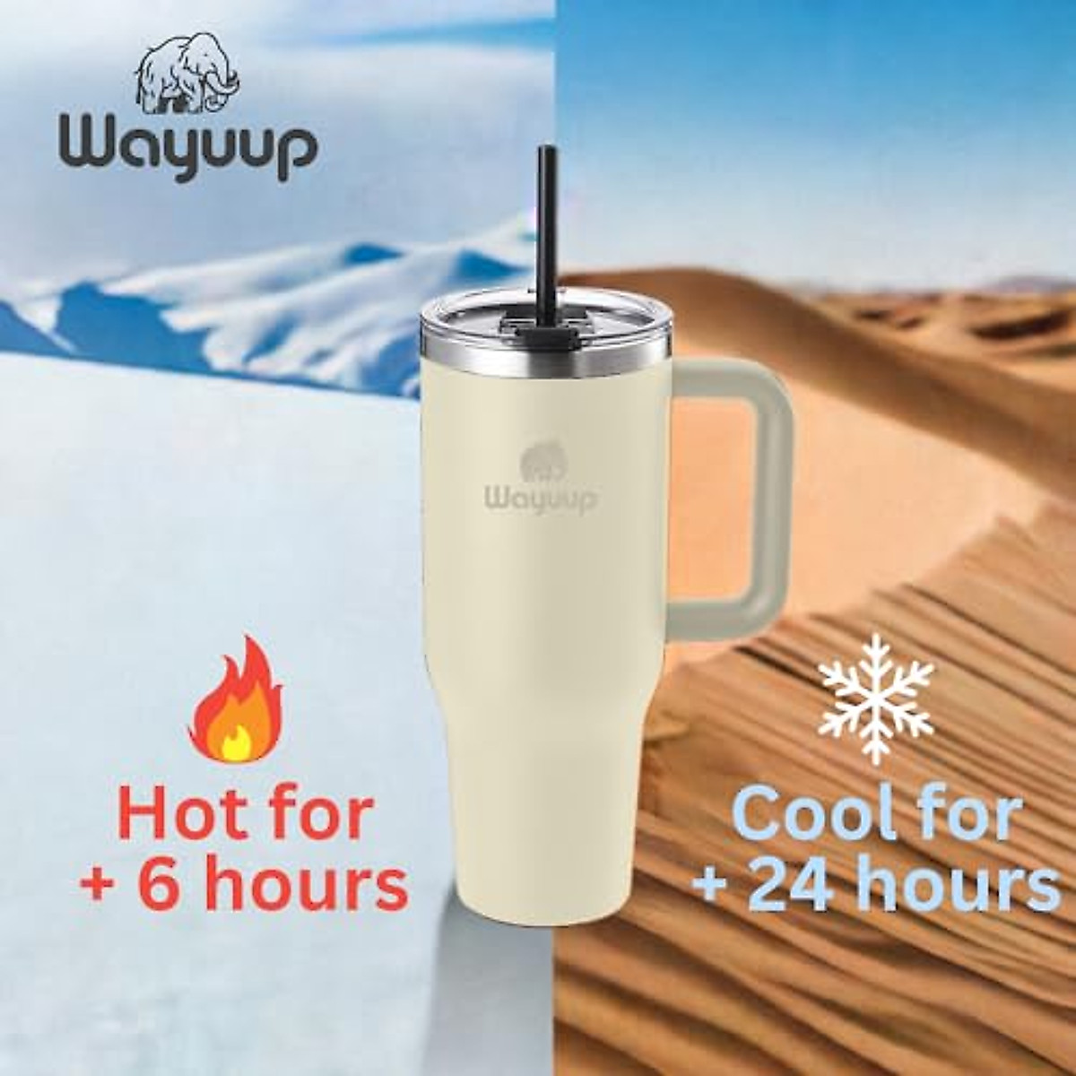 Wayuup 40 oz Tumbler with Handle and Straw Lid, Stainless Steel Vacuum Insulated Double Wall Water Bottle Leak-proof, Non Slip more than 24 Hrs or Hot for 6 Hrs (Bone), WPM40