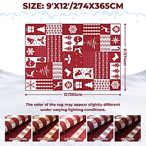 Syalife 9x12 Christmas Rug for Living Room, Bedroom, Dining Room, Large Red/White Area Rug, Indoor Festival Machine Washable Rugs, 9'x12', Patchwork Pattern