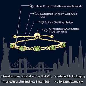 Gem Stone King 18K Yellow Gold Plated Silver Green Peridot and White Lab Grown Diamond Tennis Bracelet For Women (4.52 Cttw, Gemstone August Birthstone, Oval 7x5MM, Fully Adjustable Up to 9 Inch)