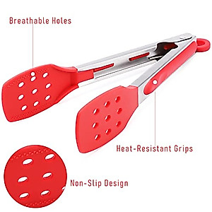 DAILY KISN 9 Inch Kitchen Tongs, Cooking Tongs with Slotted Silicone Tips and Stainless Steel Handle, Non Stick Heat Resistant Tongs for Cooking, Buffet, Salad Serving (9", Red)