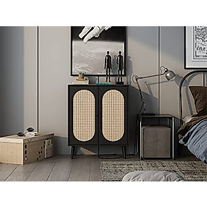 ORRD Sideboard Buffet Cabinet, High Kitchen Storage Cabinet with Rattan Doors and Adjustable Shelves, Accent Home Furniture for Living Room, Bedroom (Black)