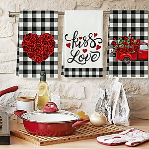 AnyDesign Valentine's Day Kitchen Towel Truck Rose Flower Dish Towel 18 x 28 Inch White Black Buffalo Plaids Hand Drying Towel Tea Towel for Wedding Anniversary Cooking Baking, Set of 4