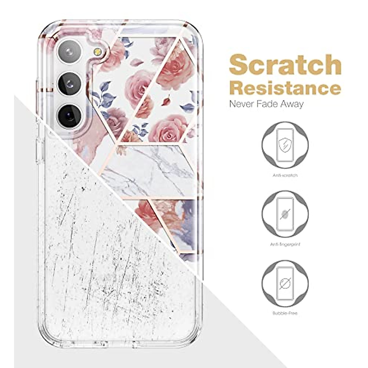SURITCH for Samsung Galaxy S23 Plus Case, [Built-in Screen Protector] [Dual-Layer Protection ] Full Protection Shockproof Rugged Bumper Phone Cover for Samsung S23 Plus 6.6 Inch - Rose Marble
