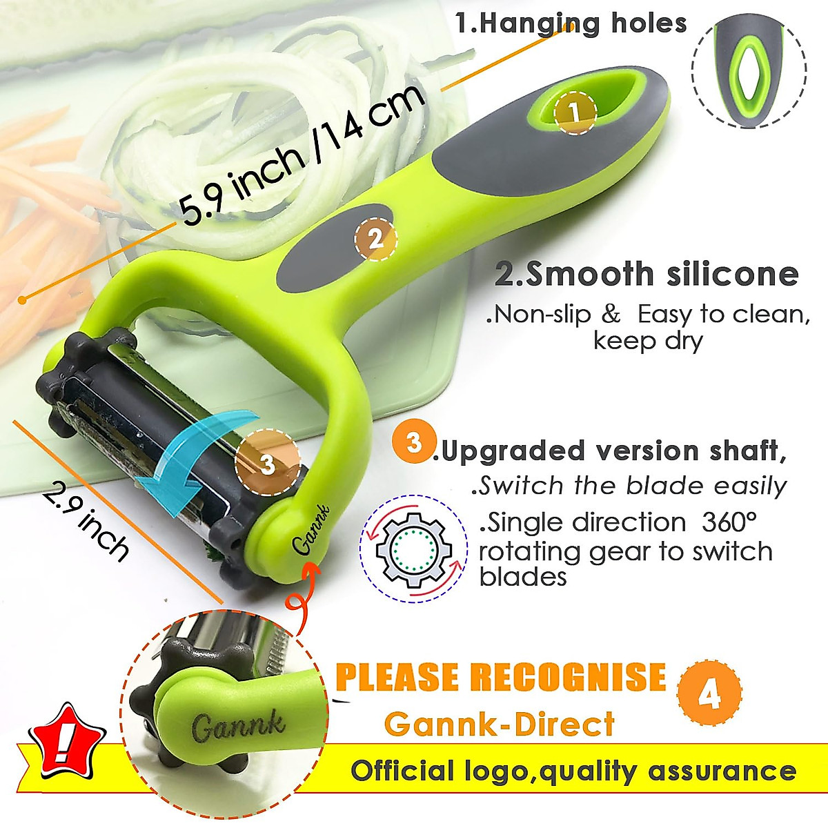 Potato Apple Vegetable Peelers for Kitchen, I and Y Peelers for Fruit Veggie Potatoes Carrot Cucumber, 3 in 1 Blade Spin Design With Julienne Function